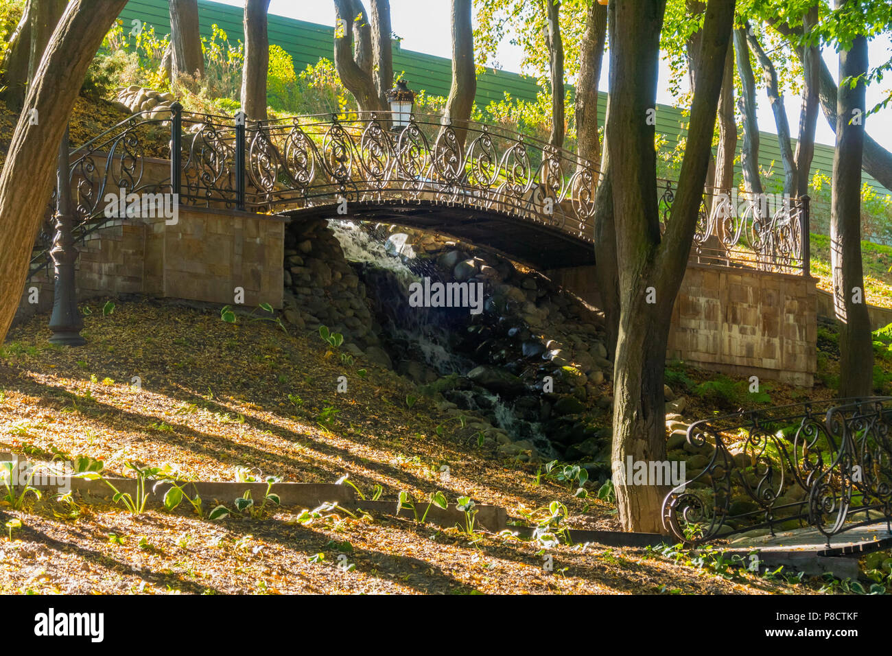 A small decorative waterfall with several forged bridges along the ...