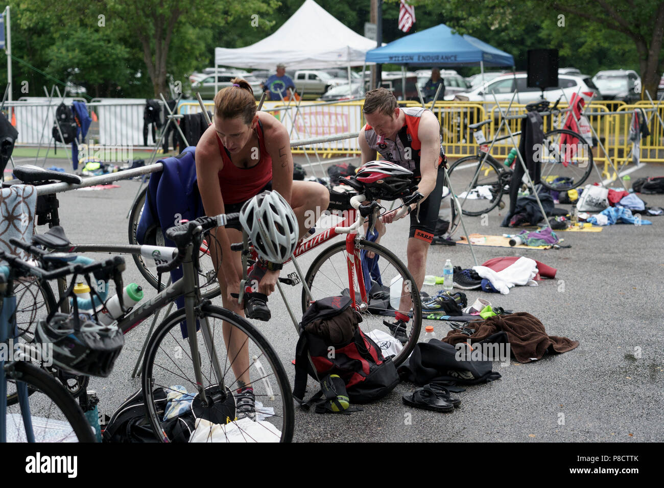 Jessica Nash during the T1 swin to bike transition in the 2018 Hague ...