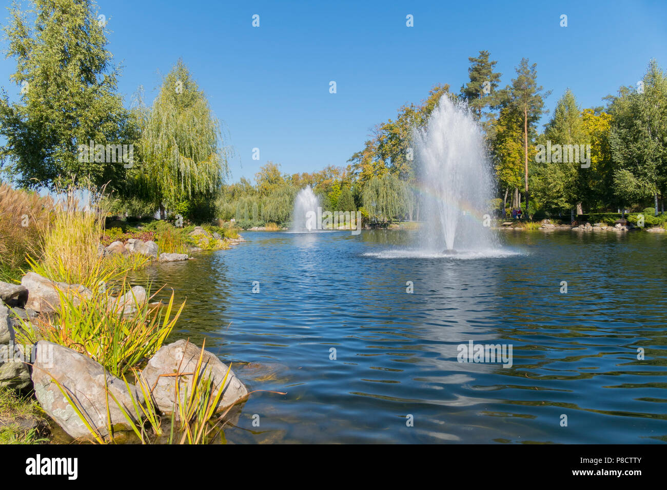A view of a transparent lake with large fountains rising up against the ...