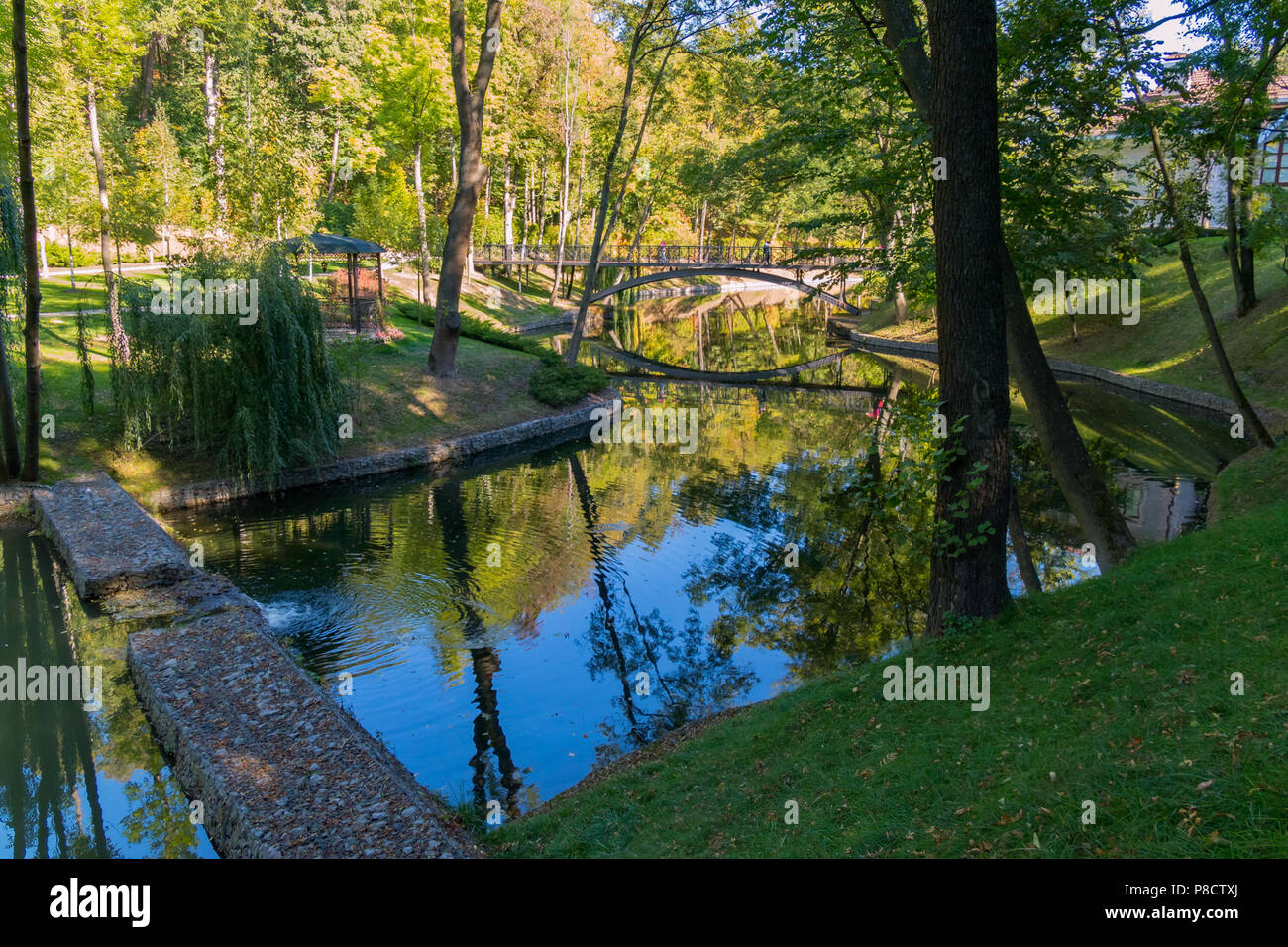 Park walking area with beautiful decorative bridges through a ...