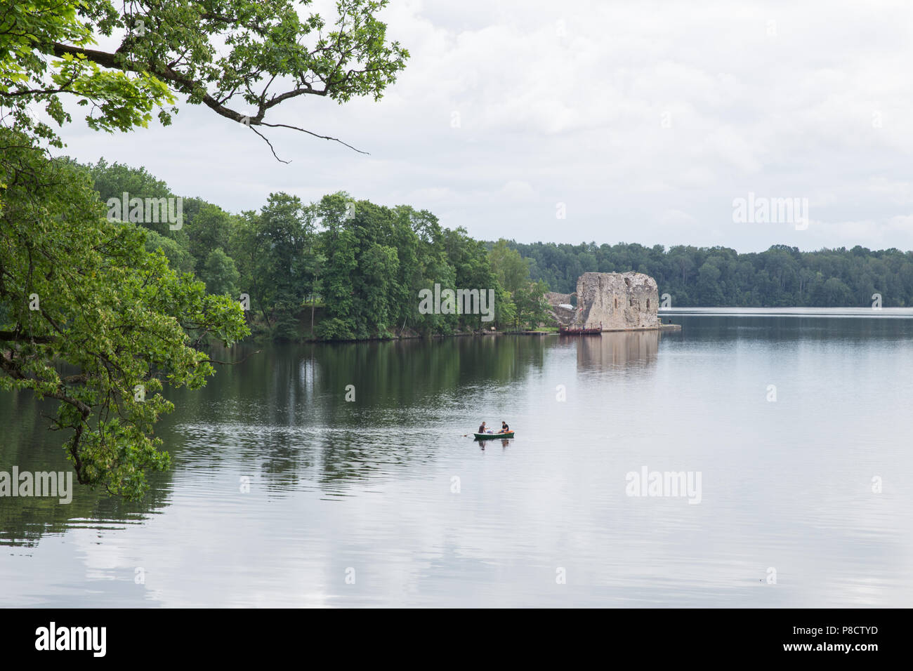 City Koknese, Latvia. Old river and green trees. Ruins and reflection ...