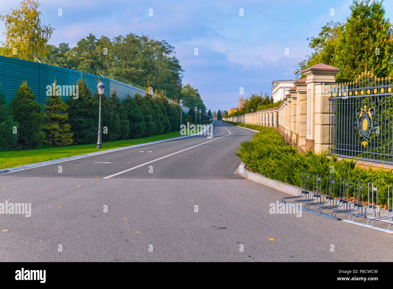 Beautiful road with decorative firs and green flower beds on the sides ...