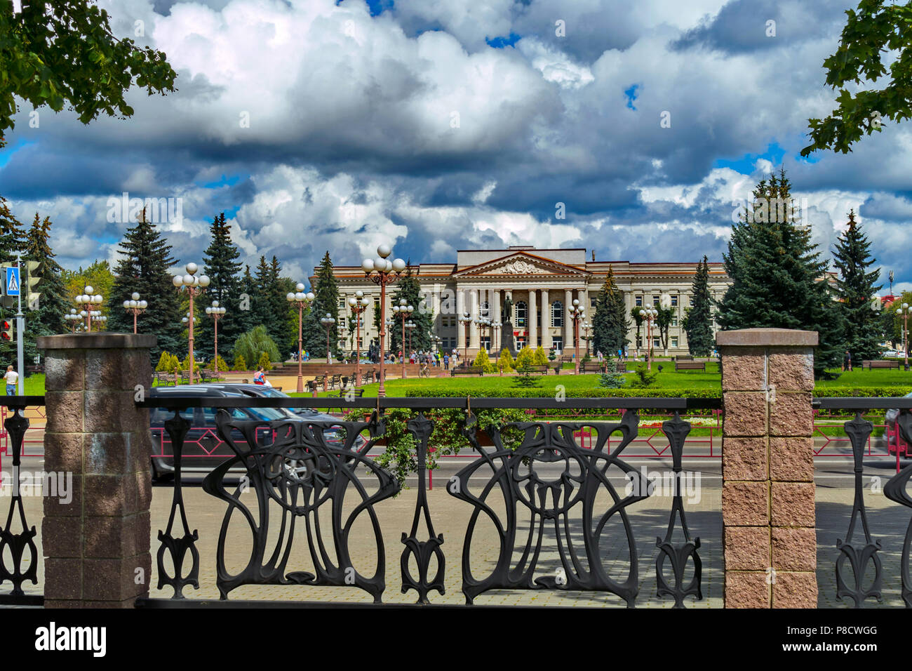 Beautiful architectural building with large columns against a cloudy ...
