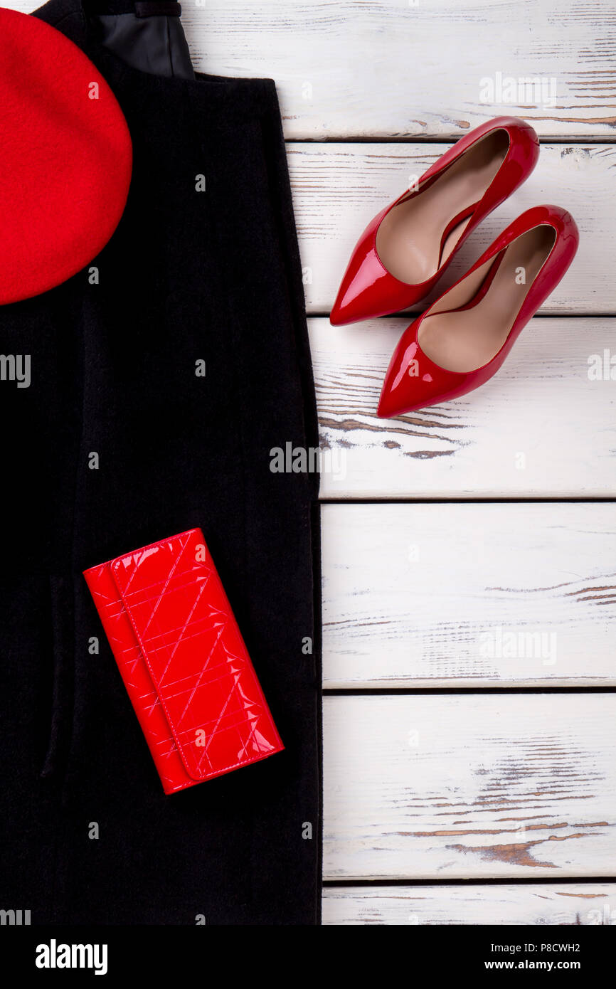 Close up black and red winter clothes Stock Photo - Alamy