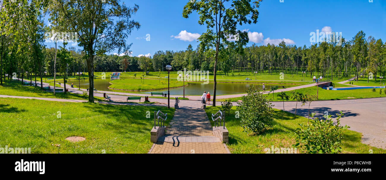 Panorama of the park with a pond, lawn and green trees. An excellent ...