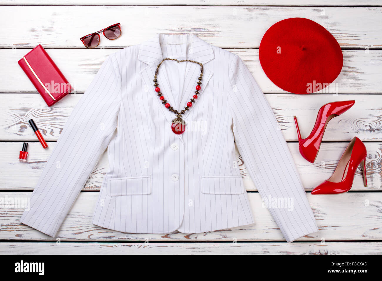 Flat lay white suit jacket with accessories Stock Photo - Alamy