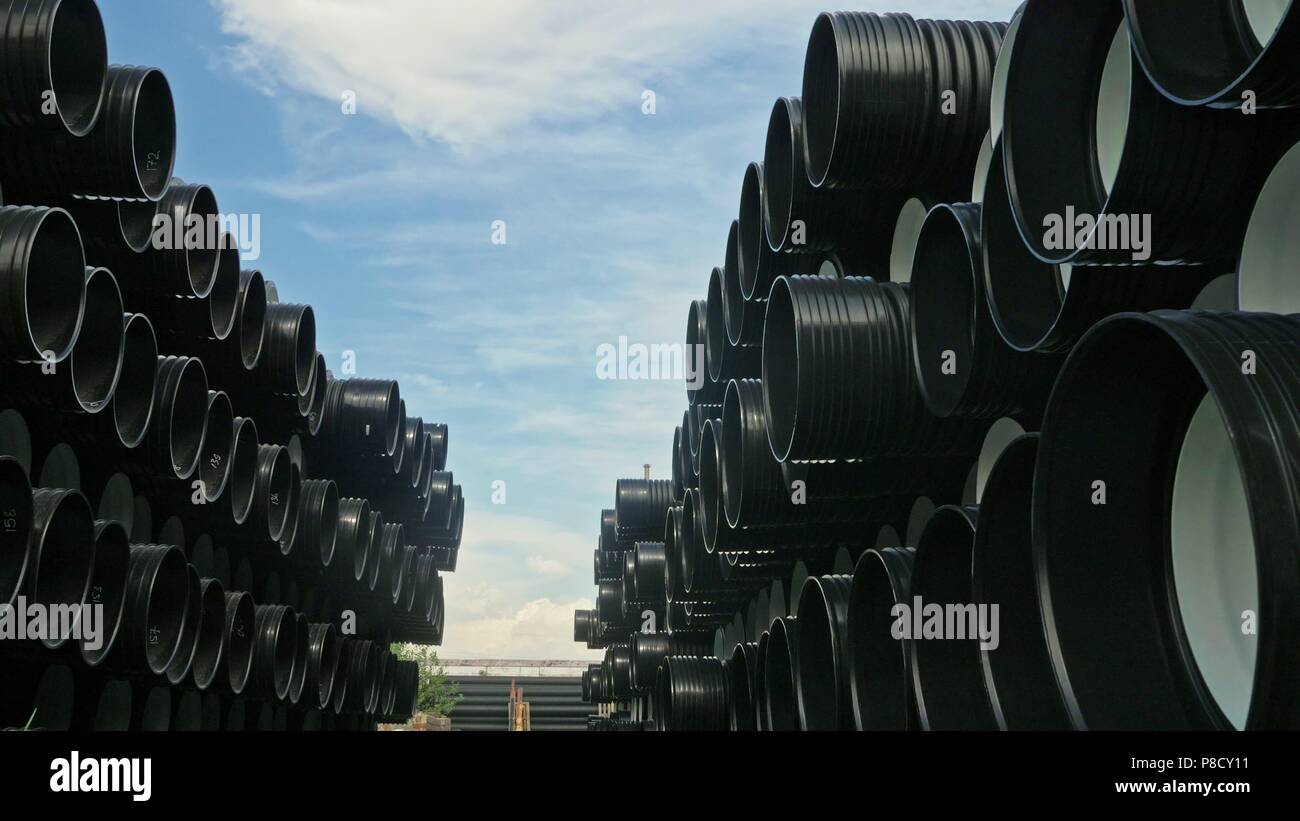 Warehouse of finished plastic pipes industrial outdoors storage site ...