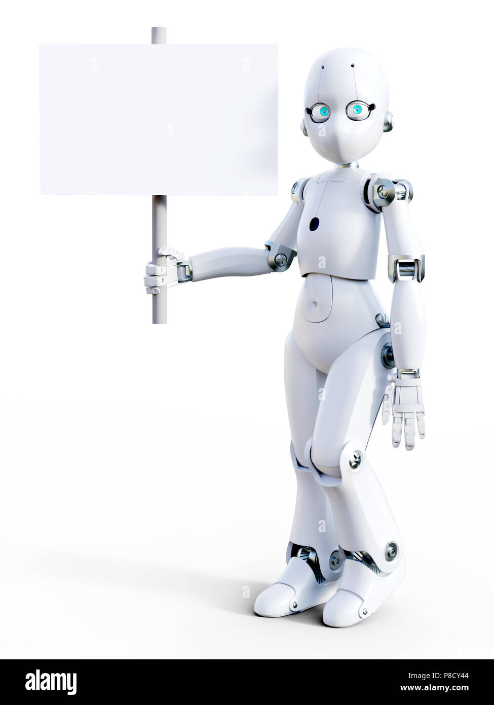 3D rendering of a white friendly cartoon robot holding a blank sign in ...