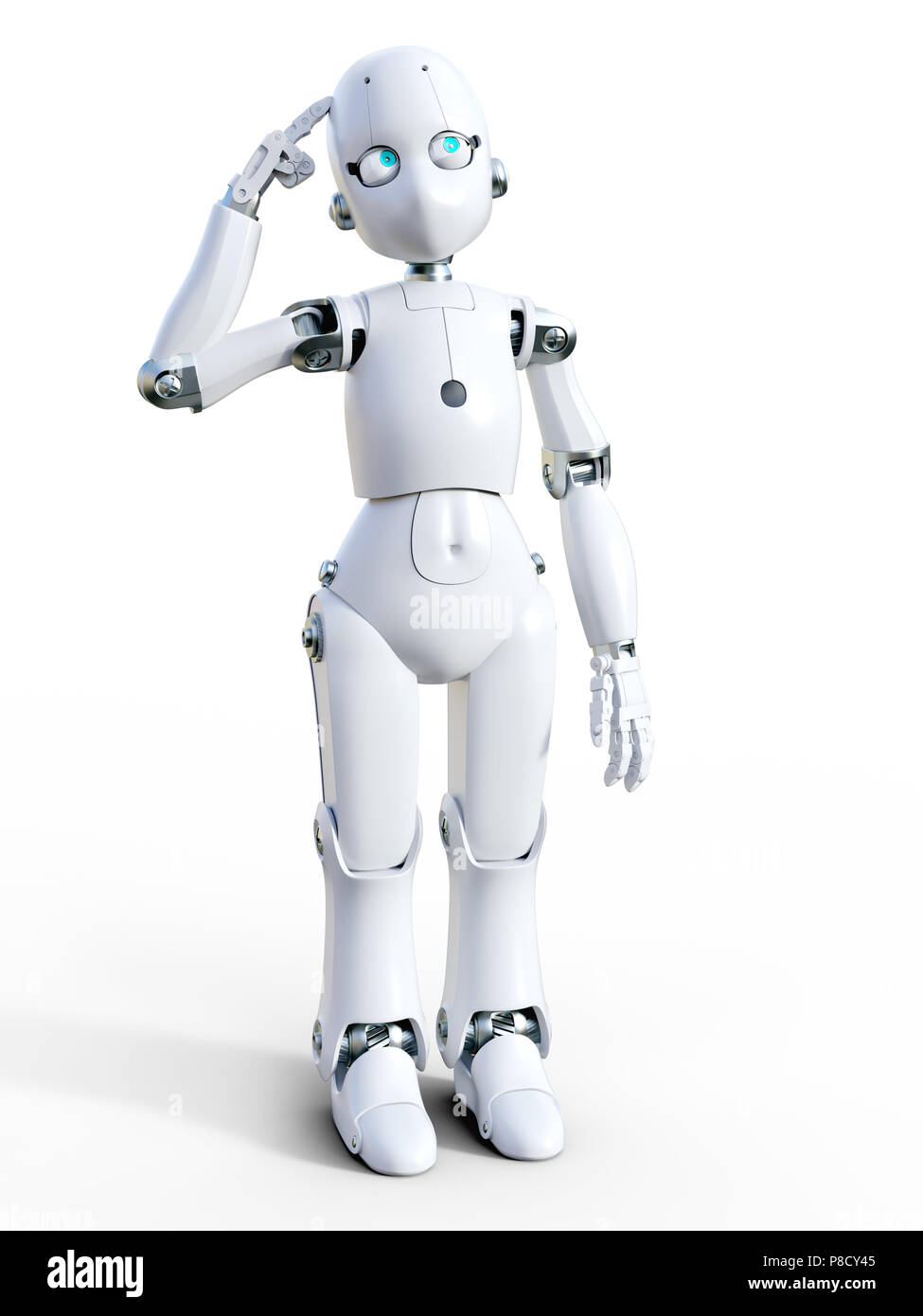 3D rendering of a white friendly cartoon robot thinking about something ...