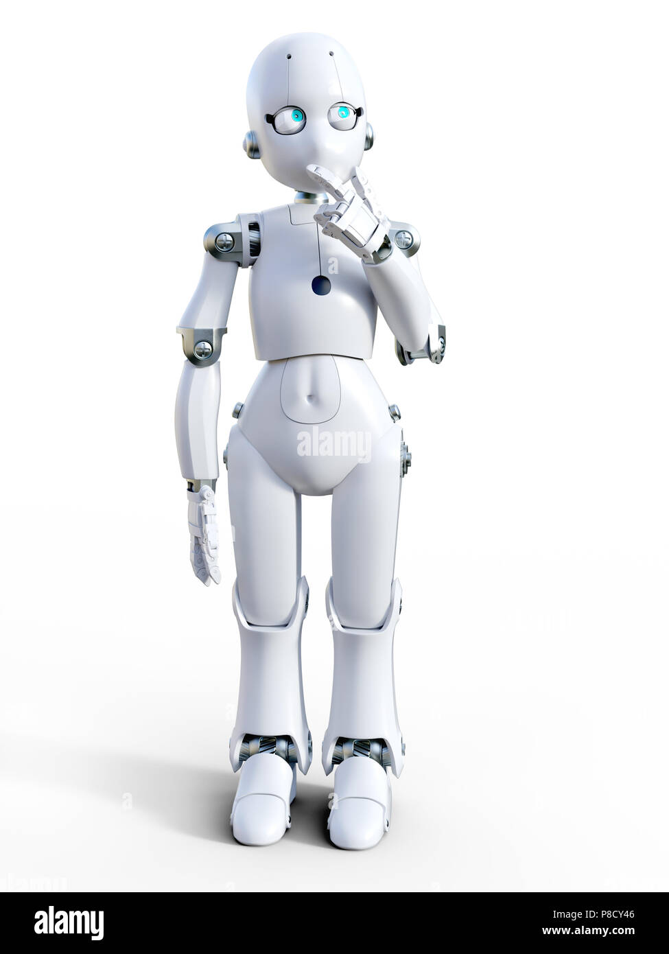 3D rendering of a white friendly cartoon robot thinking about something ...