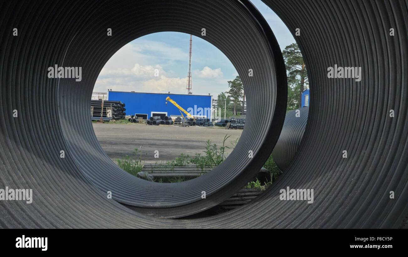Warehouse of finished plastic pipes industrial outdoors storage site ...