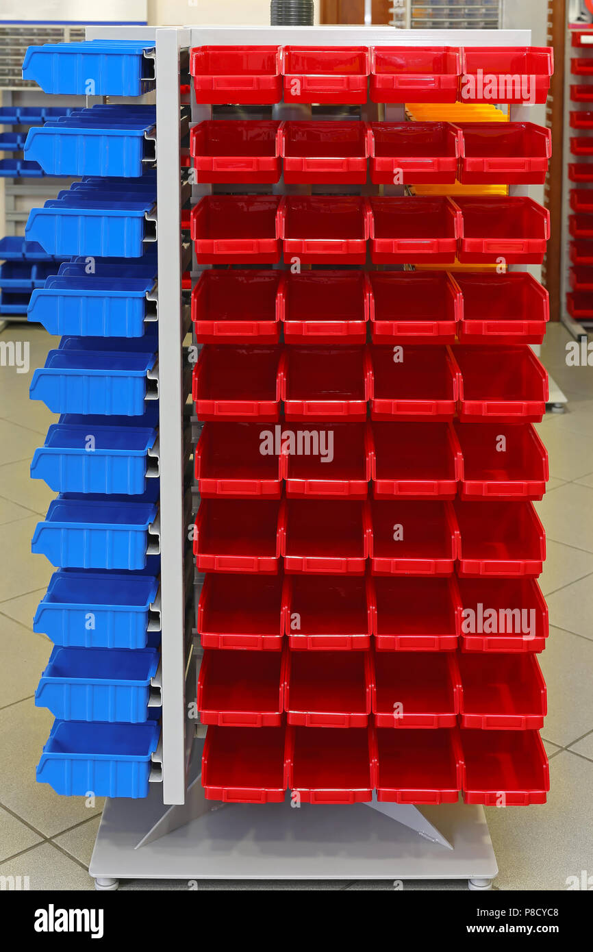 Storage organizer cart with plastic sorting bins Stock Photo - Alamy