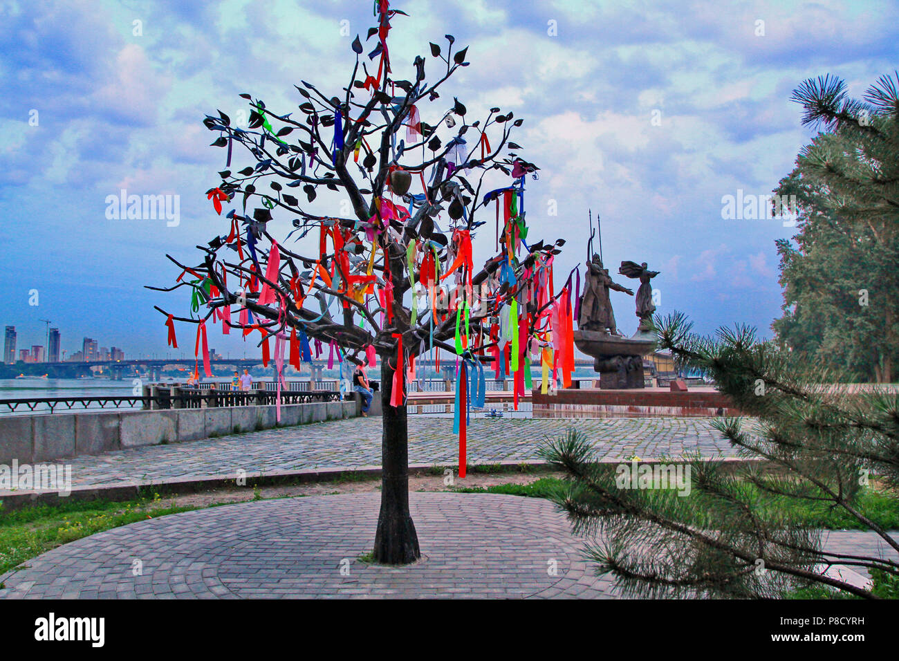 A tree with multi-colored ribbons is a symbol of a happy family on the ...
