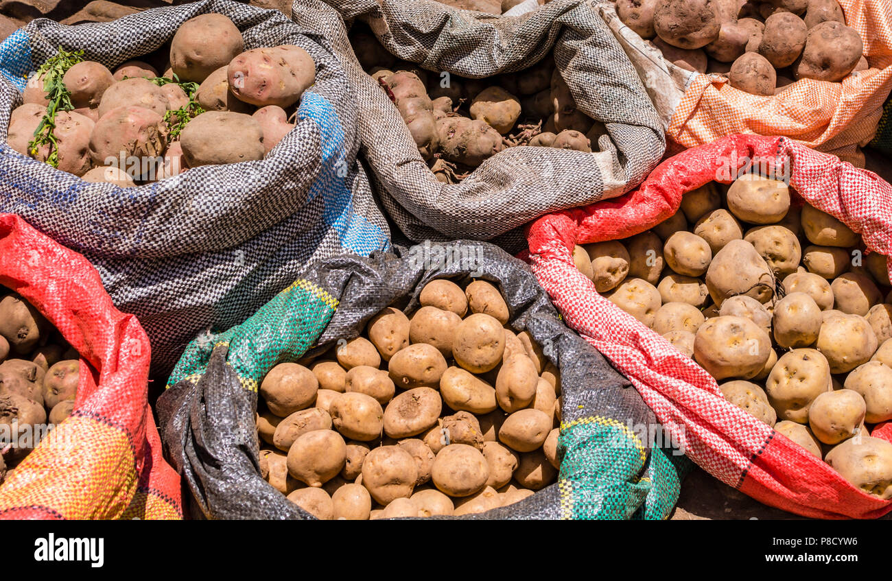 Colorful Peru potatoes for sale at a Peruvian Market, South America ...