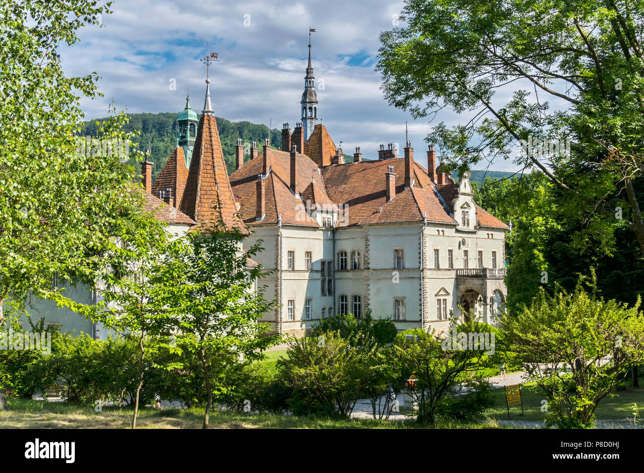 beautiful house of ancient architecture with upstanding spiers of ...