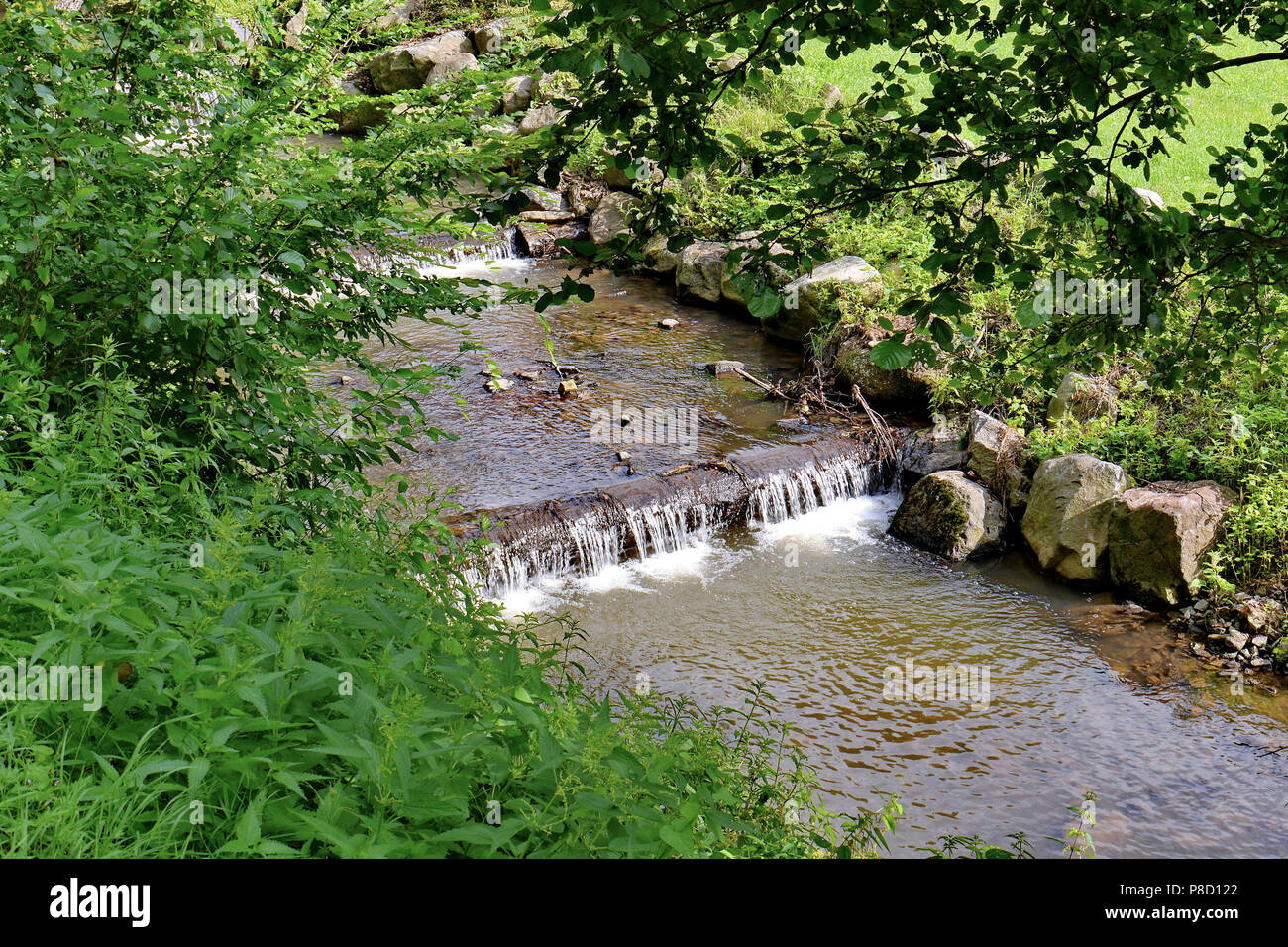small rapids from beams on a river lined with stone under the trees ...