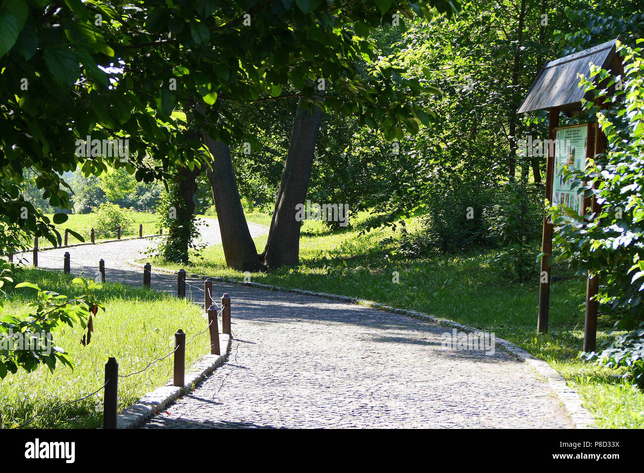 Stone-stitched promenade with informational sign amid a beautiful park ...