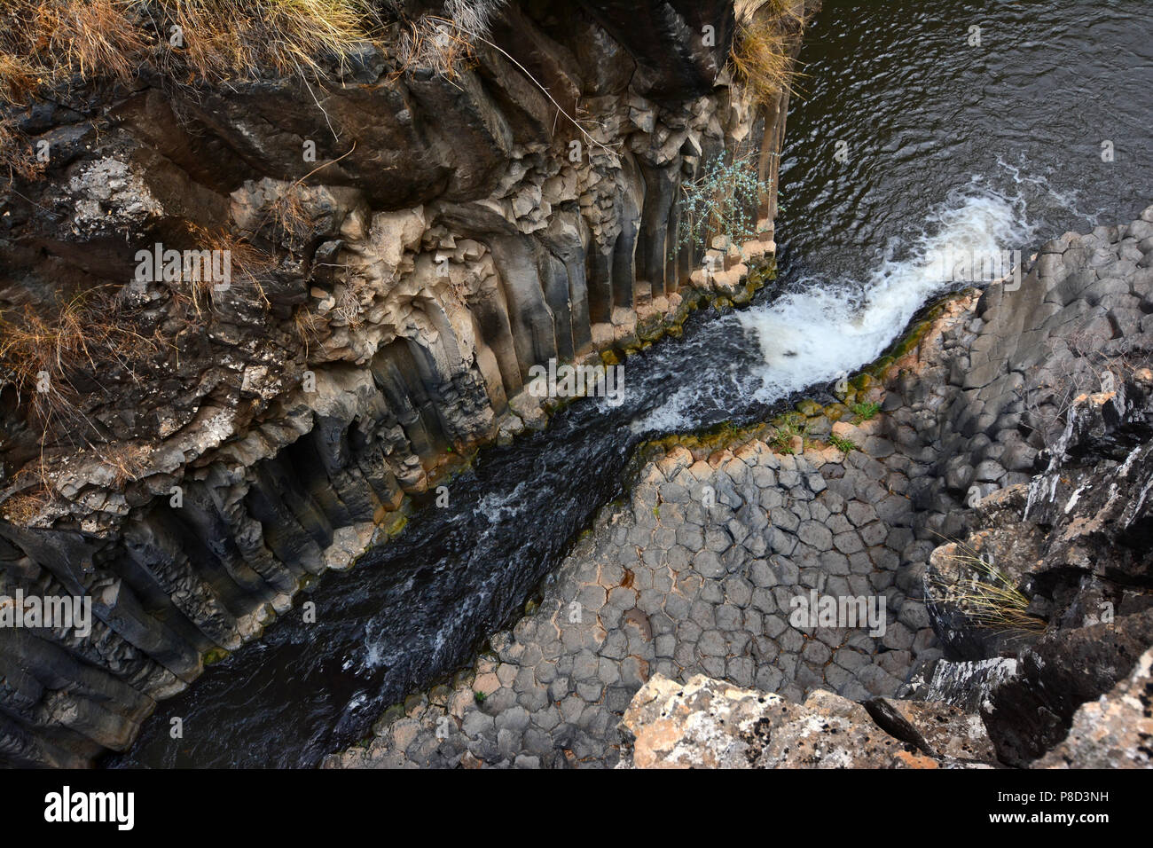 Meshushim canyon bed surrounded by impressive hexagonal basalt pillars ...
