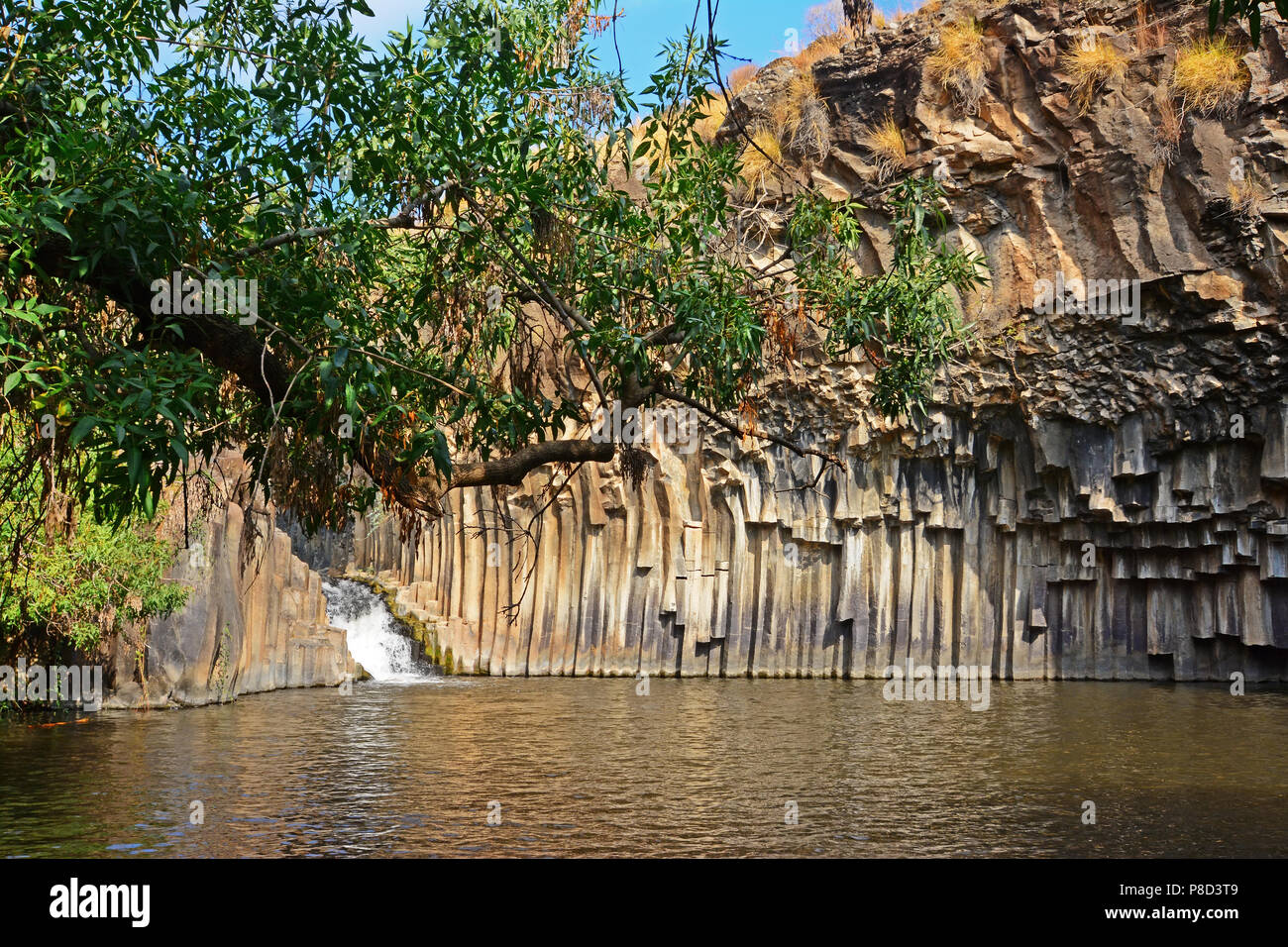 Meshushim canyon bed surrounded by impressive hexagonal basalt pillars ...