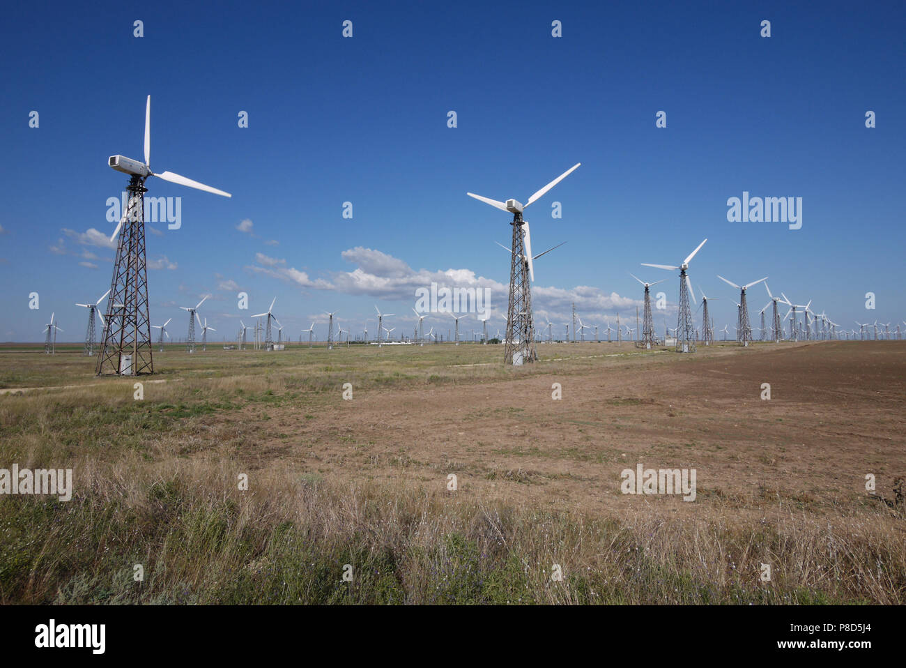 a large wind power plant with high white windmills in the plain . For ...