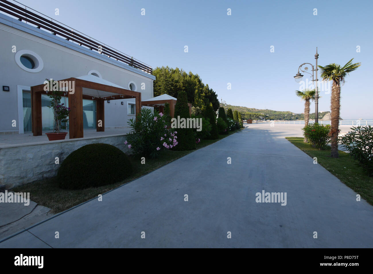 A promenade with decorative plants, palm trees and restaurants on the ...