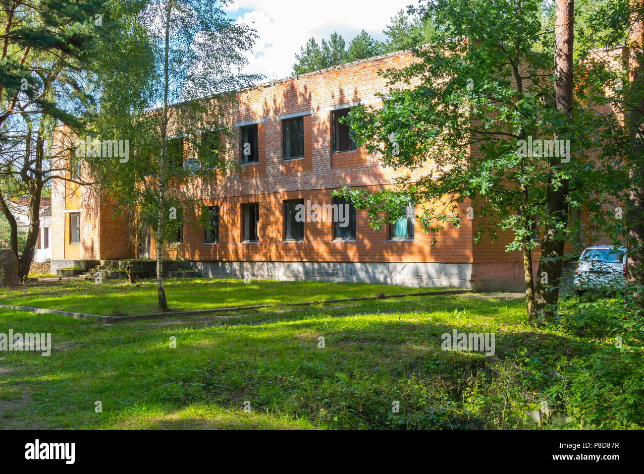 The large abandoned brick building is surrounded by tall, slender trees ...