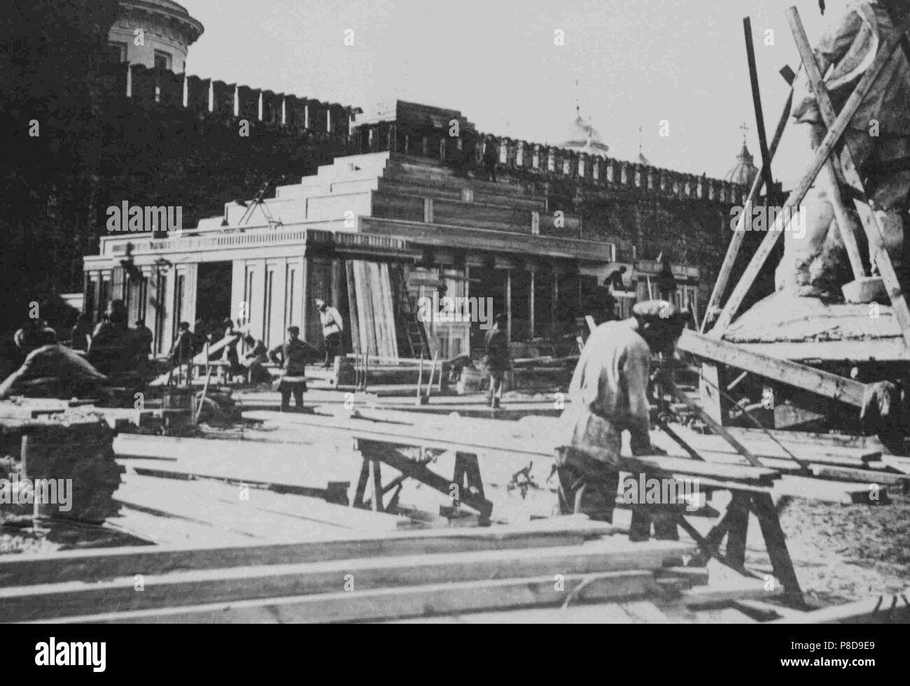 Construction of the second temporary wooden Lenin mausoleum on Red ...