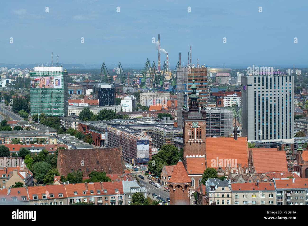 Townscape with red roofs in old city Gdansk made from top, aerial ...