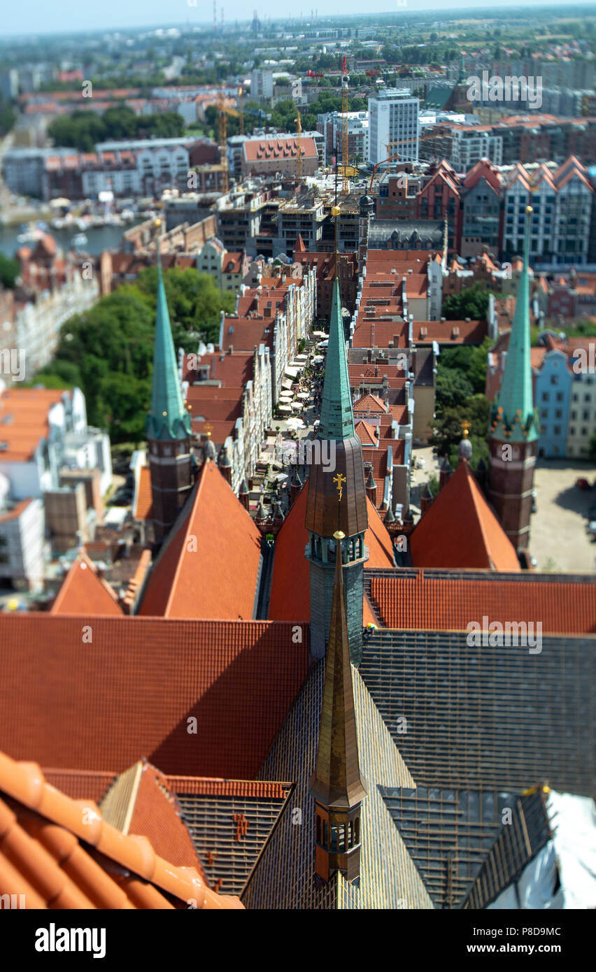 Townscape with red roofs in old city Gdansk made from top, aerial ...