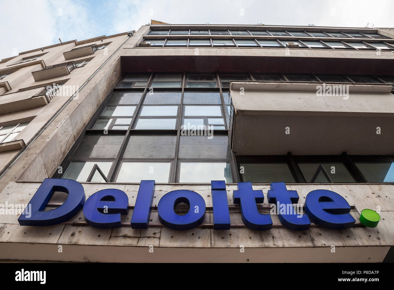 BELGRADE, SERBIA - JULY 8, 2018: Logo of Deloitte on their main office ...
