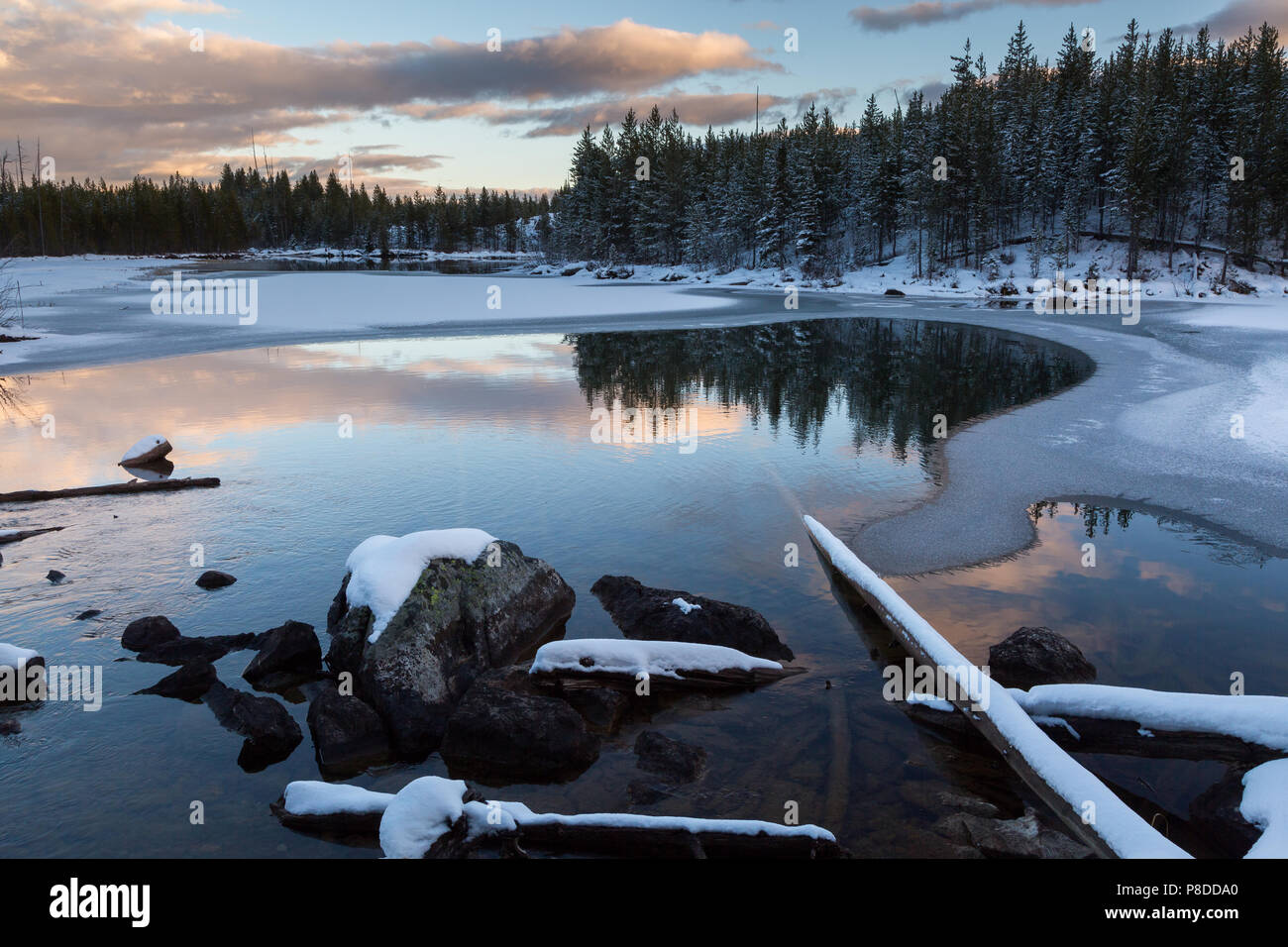 Ice beginning to freeze over on Taggart Lake at the base of the Teton ...