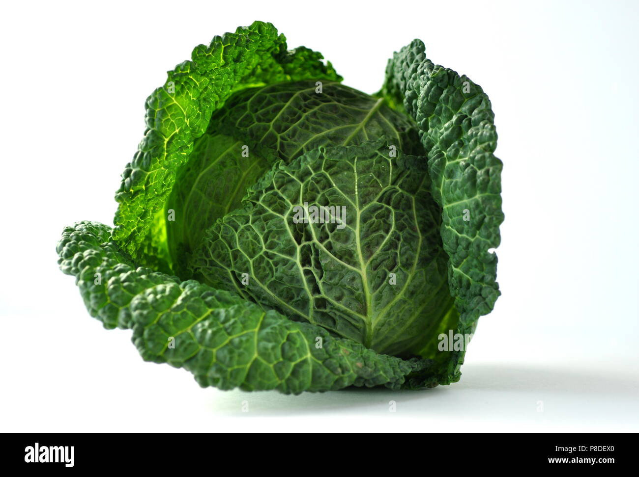 Beauty of a Savoy cabbage head. Front view of a beautiful fresh green ...