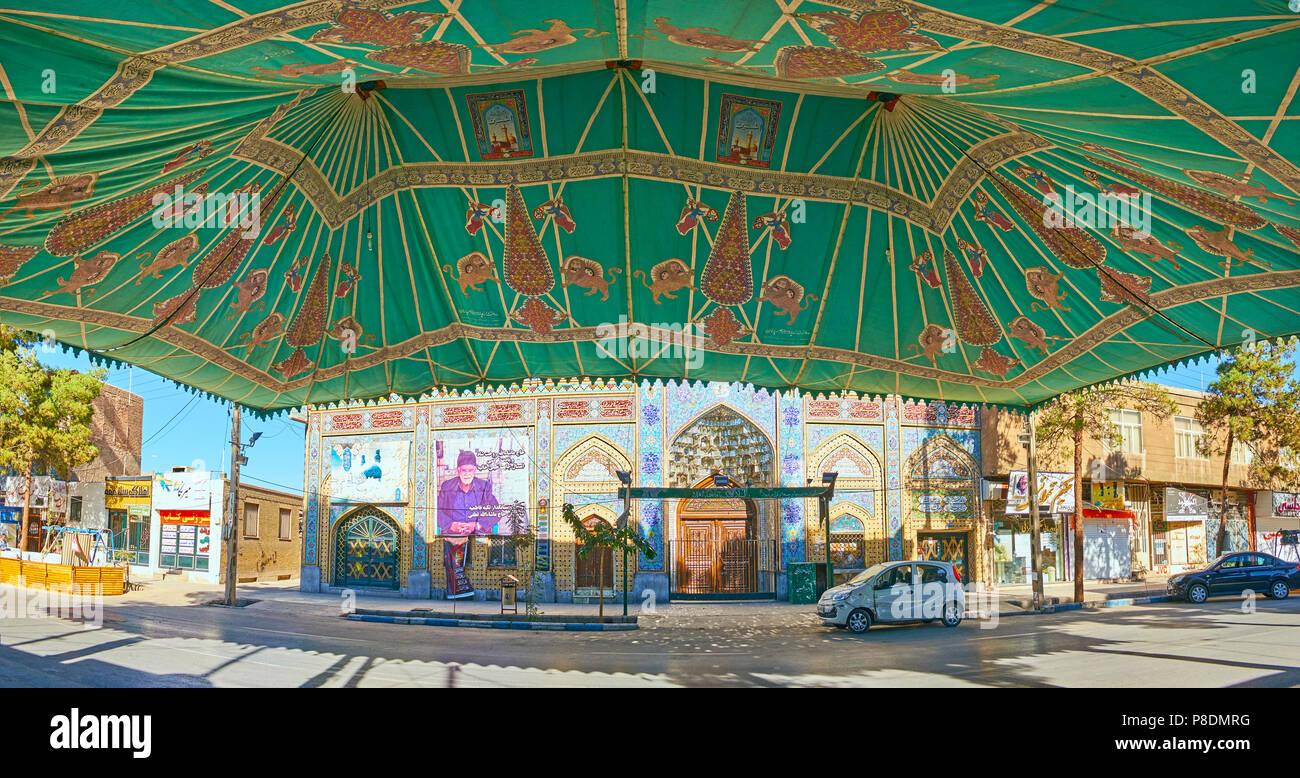 KERMAN, IRAN - OCTOBER 15, 2017: The green tent with Islamic patterns ...