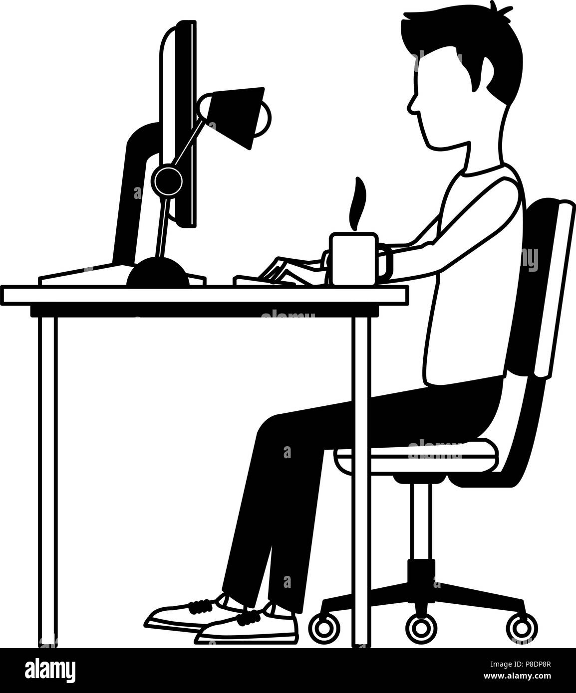 Young man working with computer in black and white Stock Vector Image ...