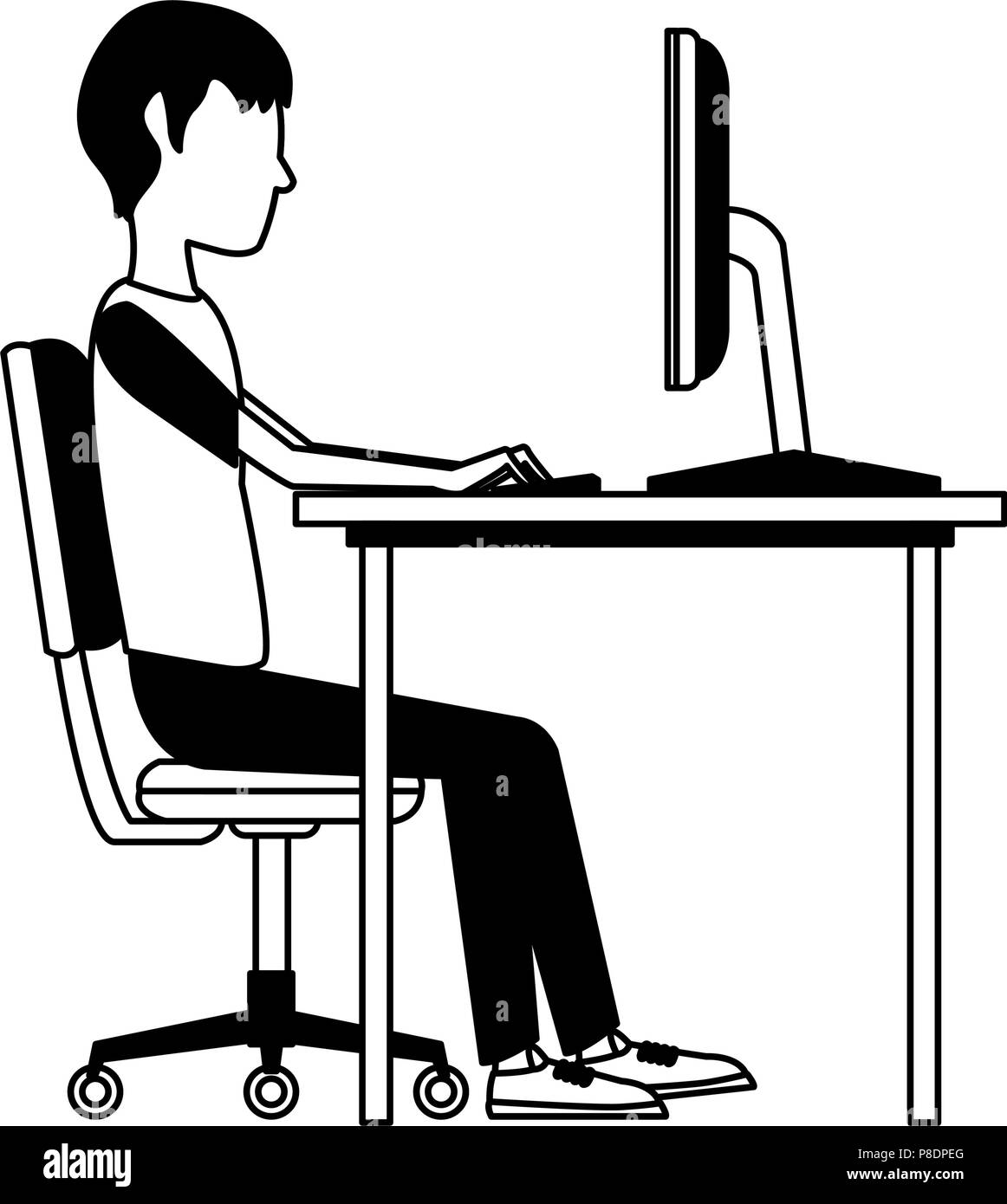 Young man working with computer in black and white Stock Vector Image ...