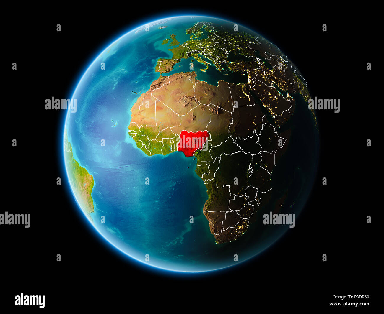 Nigeria from orbit of planet Earth at night with highly detailed ...
