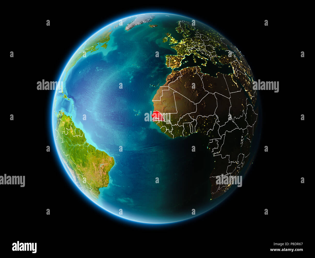 Senegal from orbit of planet Earth at night with highly detailed ...