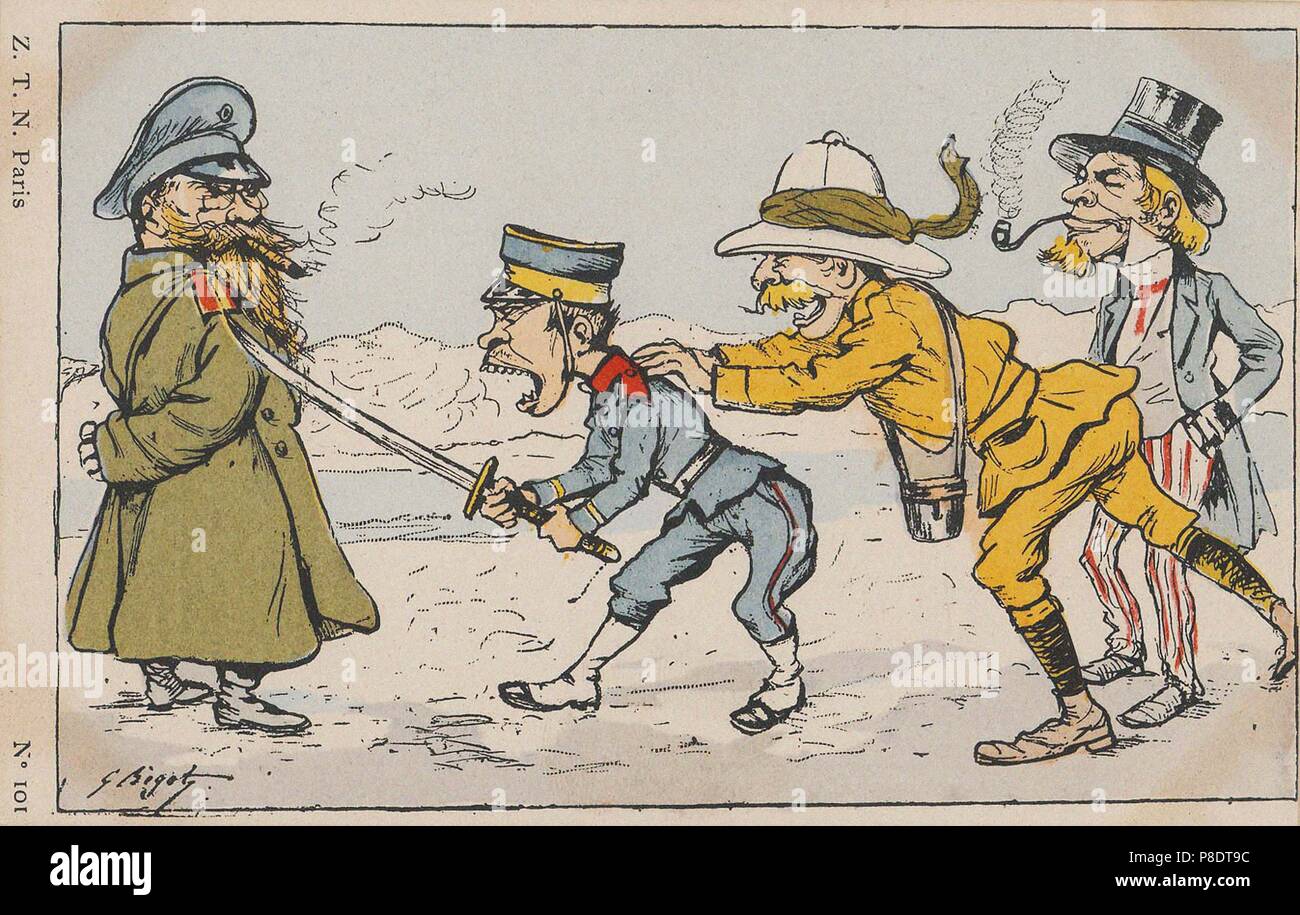 Japanese soldier challenging Russian soldier, urged on by an Englishman ...