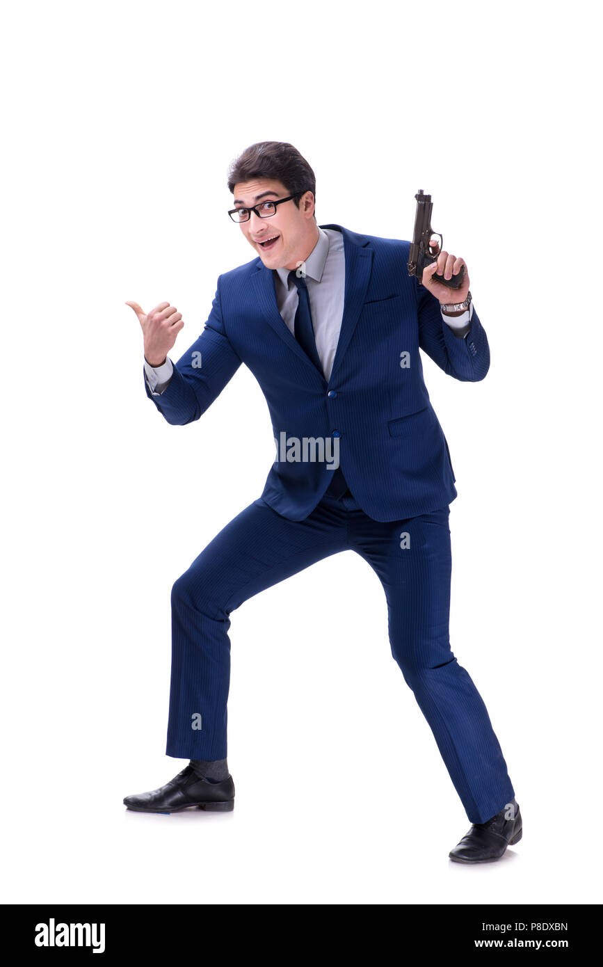 Businessman with gun isolated on white background Stock Photo - Alamy