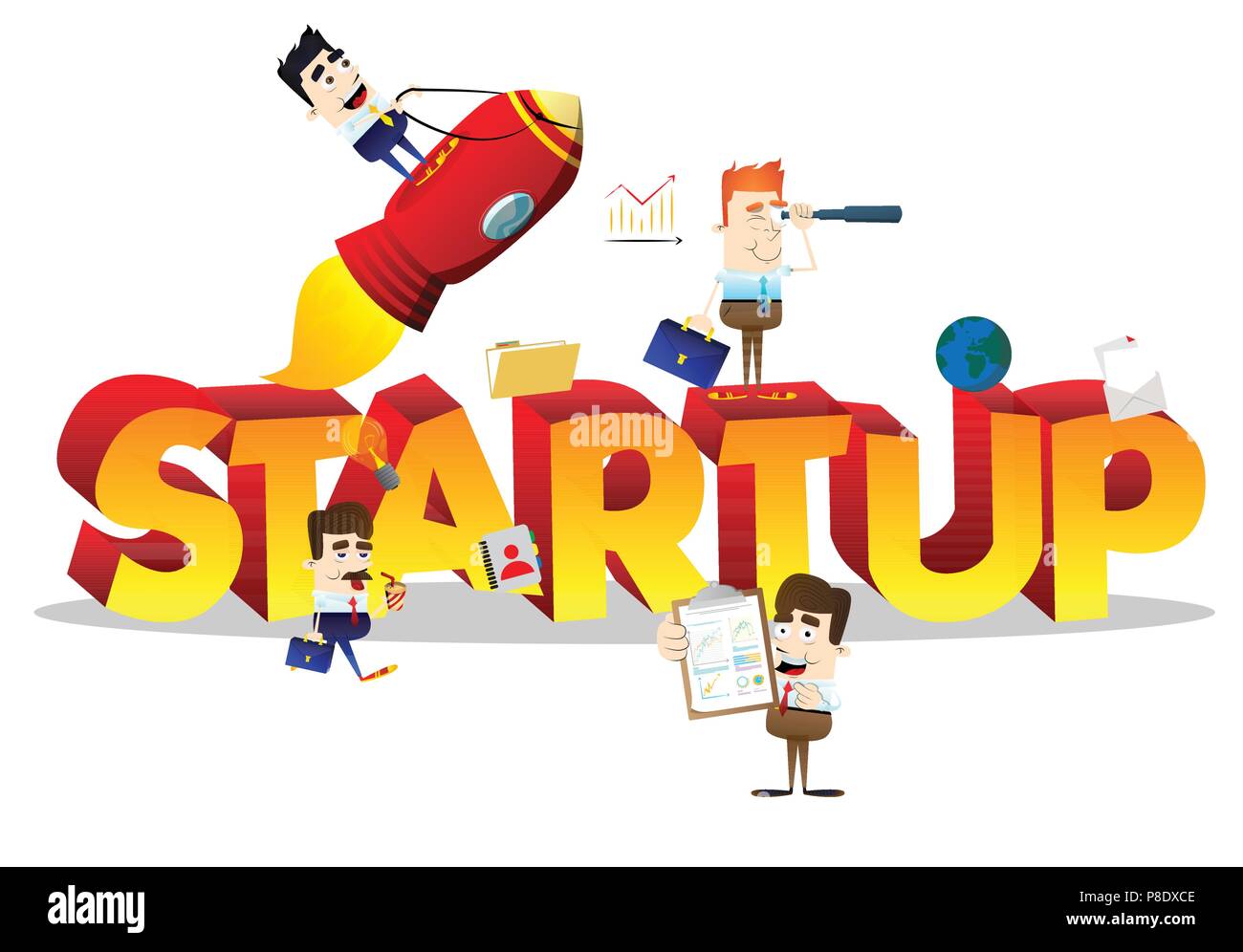 Cartoon little business people with word StartUp. Miniature scene of ...