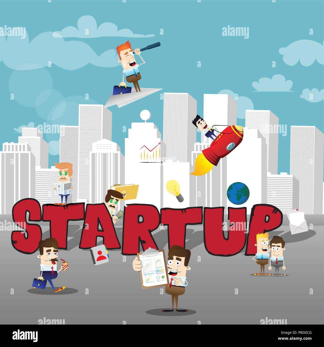 Cartoon little business people with word StartUp. Miniature scene of ...