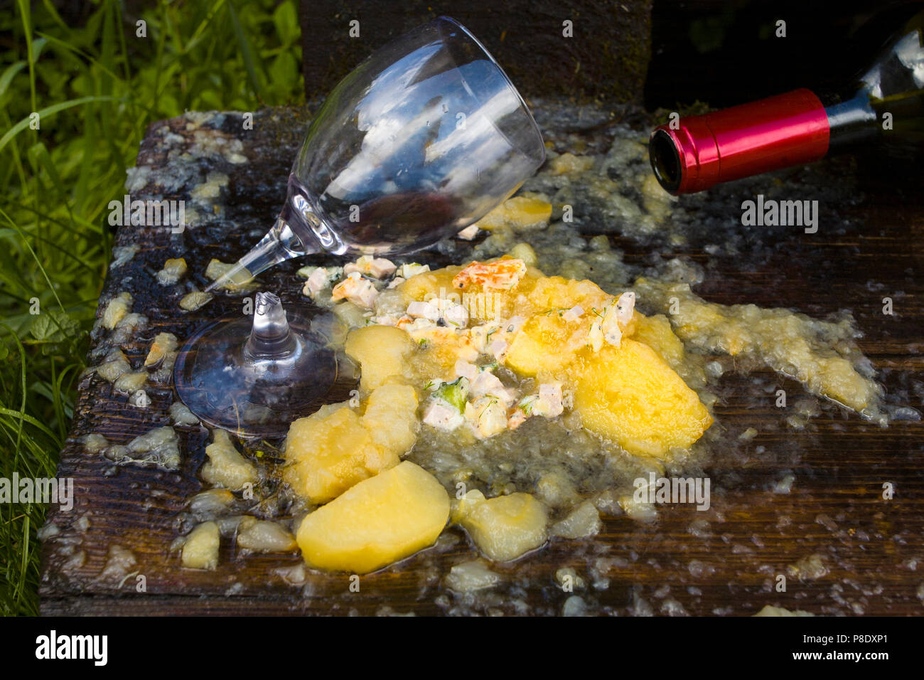 Smashed wine glass and bottle next to disquisting vomit, outdoor ...