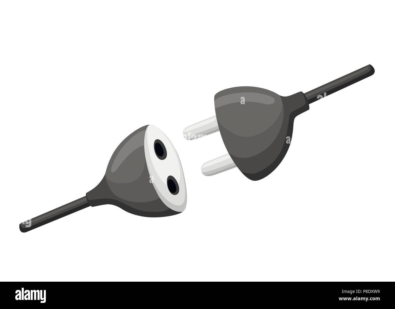 Wire plug and socket. Black power cable. Vector illustration in flat ...