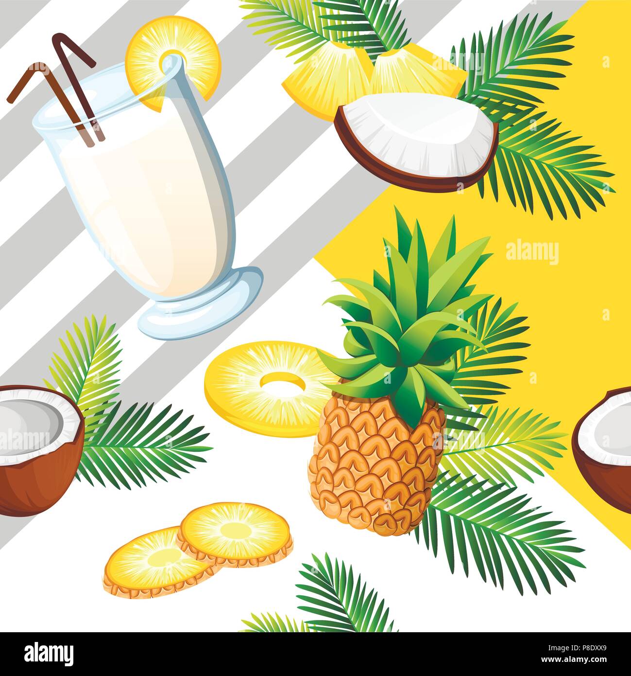 Exotic seamless pattern. Pina colada with coconut, pineapple. Drinking ...