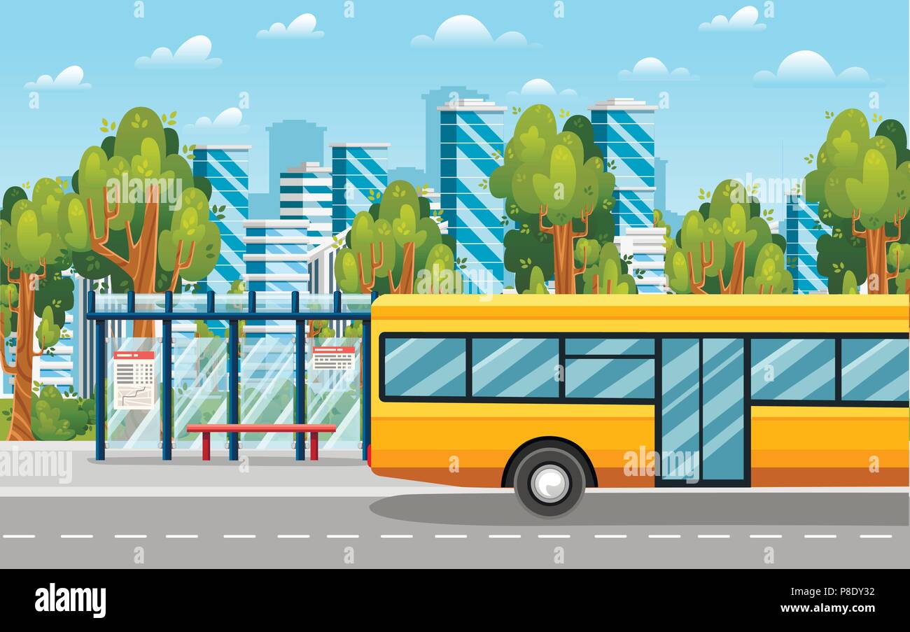 Rural landscape with road, bus stop and bus. Green trees and modern ...