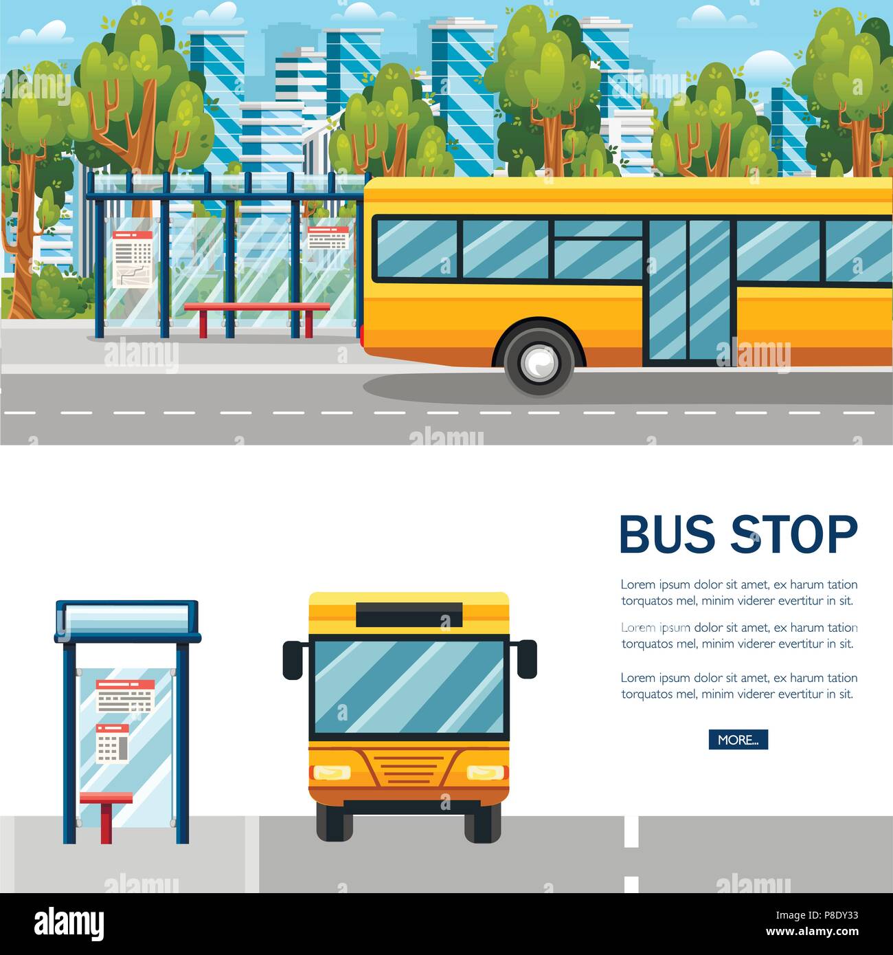 Rural landscape with road, bus stop and bus. Green trees and modern ...
