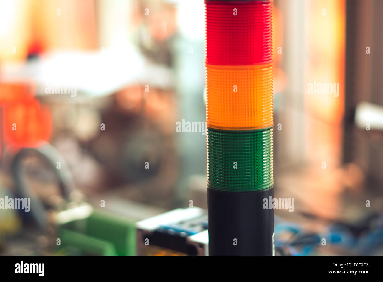 Red, green and orange Led light on electrical control panel showing on ...