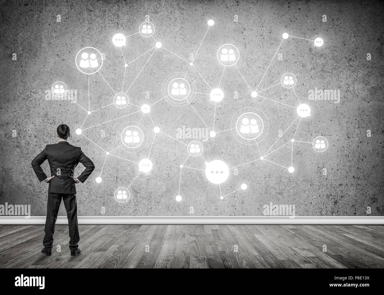 Connection lines drawn on concrete wall as symbol for networking Stock ...