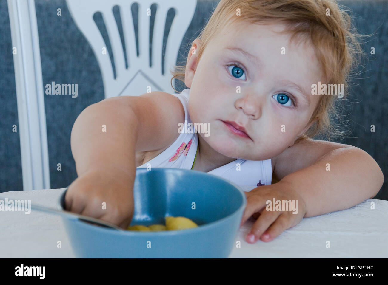 little cute blonde blue-eyed girl eating pasta with hands Stock Photo ...