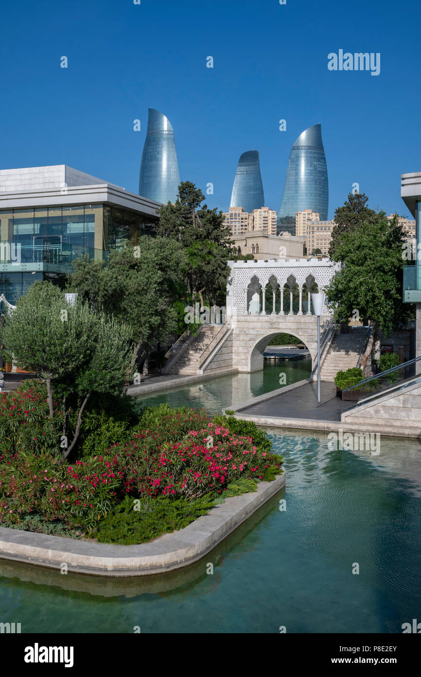 A view of the Flame Towers from Little Venice in Baku, Azerbaijan Stock ...